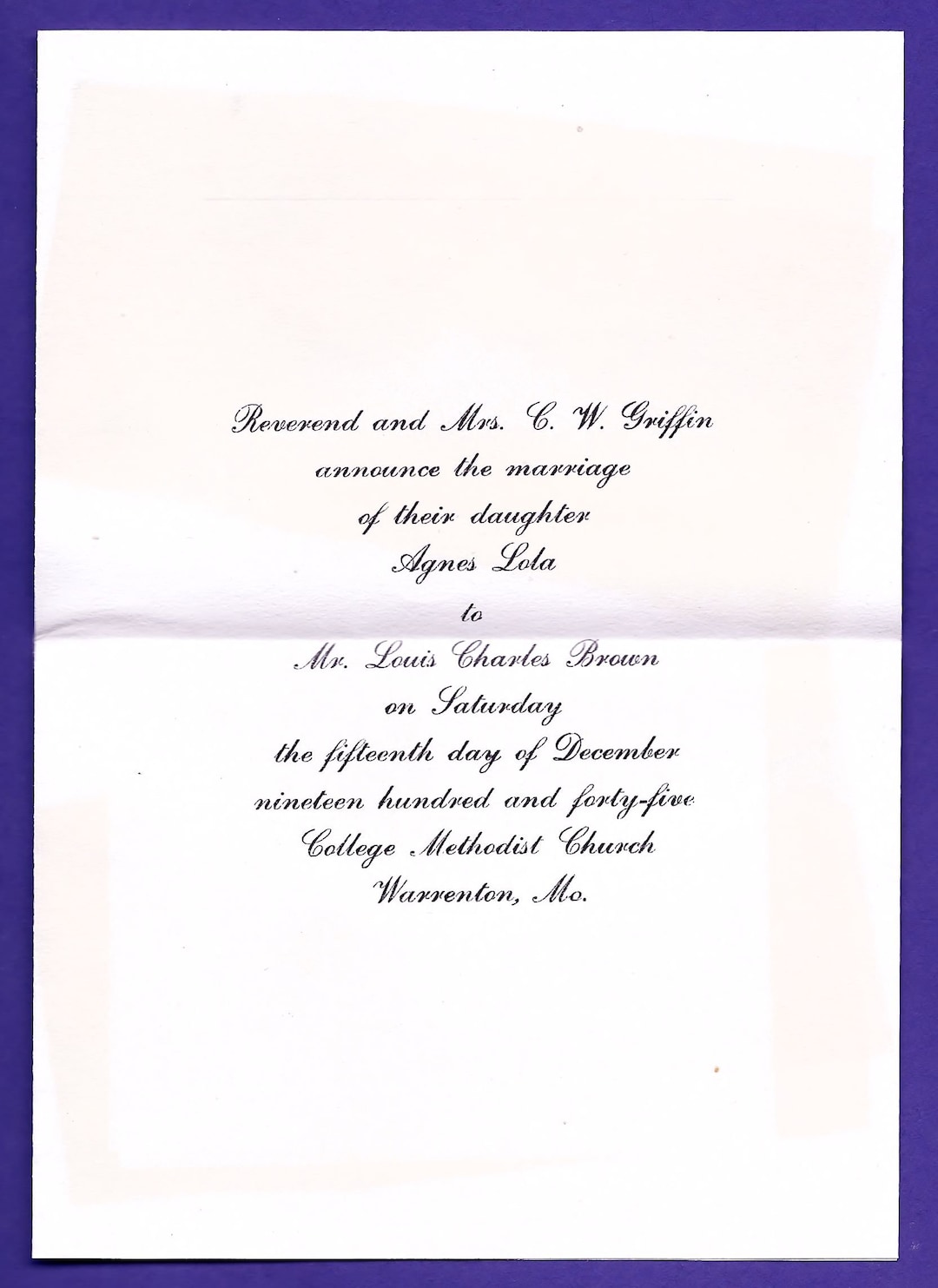 1940s Wedding Invitation/announcement Plus Envelope Warrenton Missouri ...