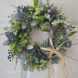 13 Summer Coastal Mini Wreath With Faux Florals: Blue Hydrangea, Lambs ...