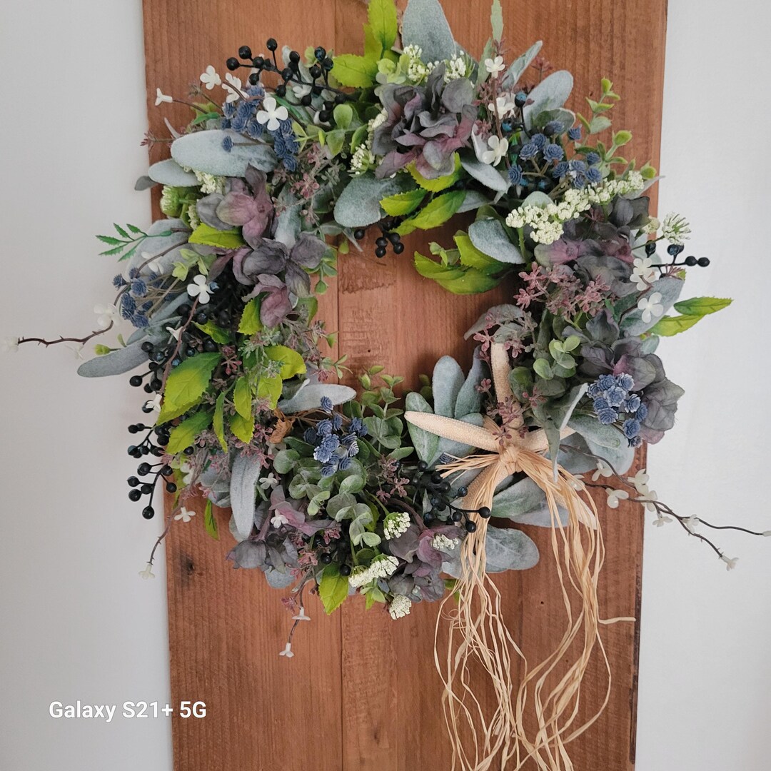 13" Summer Coastal Mini Wreath With Faux Florals: Blue Hydrangea, Lambs ...