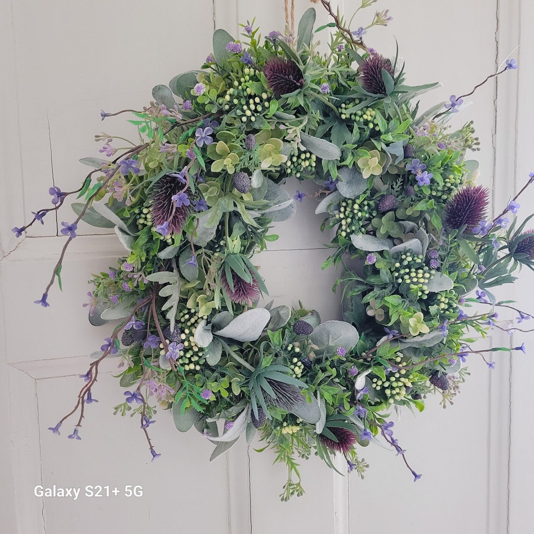21 Faux Floral Wreath: Moody Plum Thistle and Eucalyptus Wreath With ...