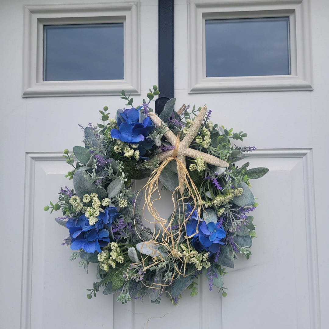 13" Summer Coastal Mini Wreath With Faux Florals: Blue Hydrangea, Lambs ...