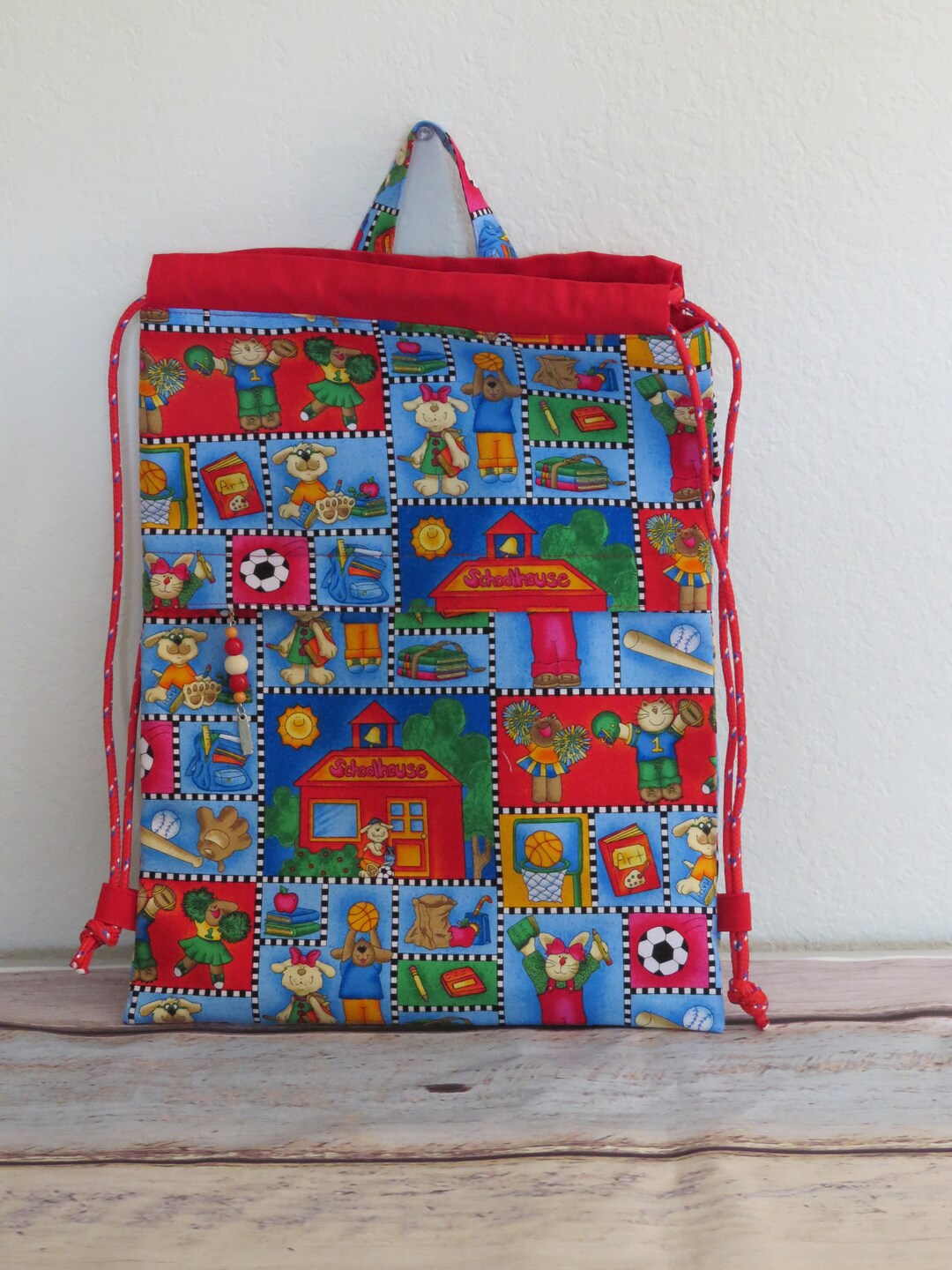 Kids Drawstring Backpack: Schoolhouse Print Cotton Bag With Zipper ...