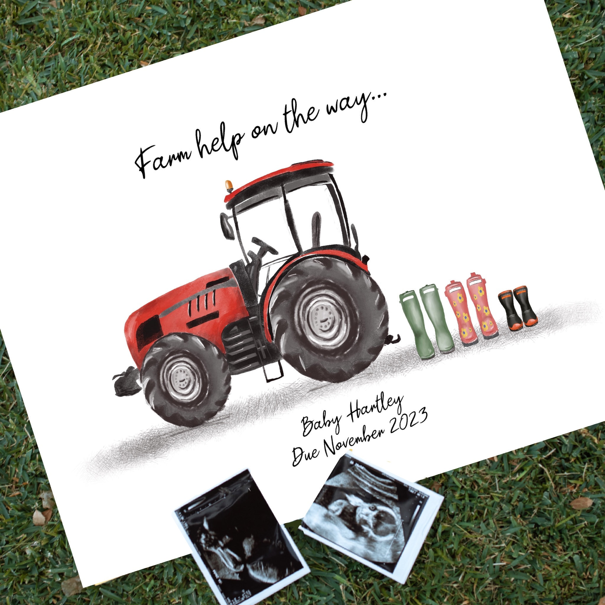 Farm Family Birth Announcement, Tractor Welly Boot Print, Digital ...