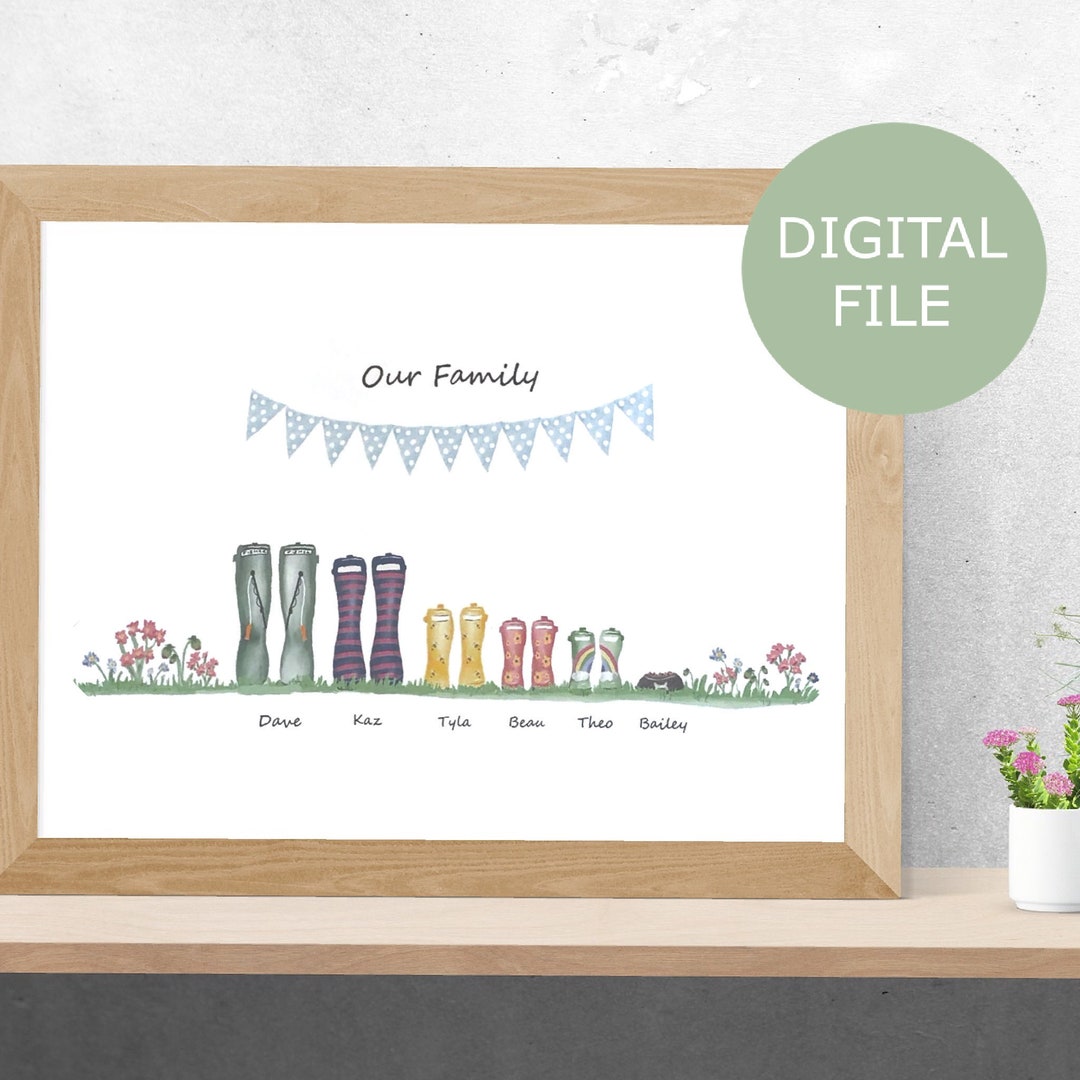 Personalized Gumboot Family Print | Watercolor Welly Boot Art (digital ...