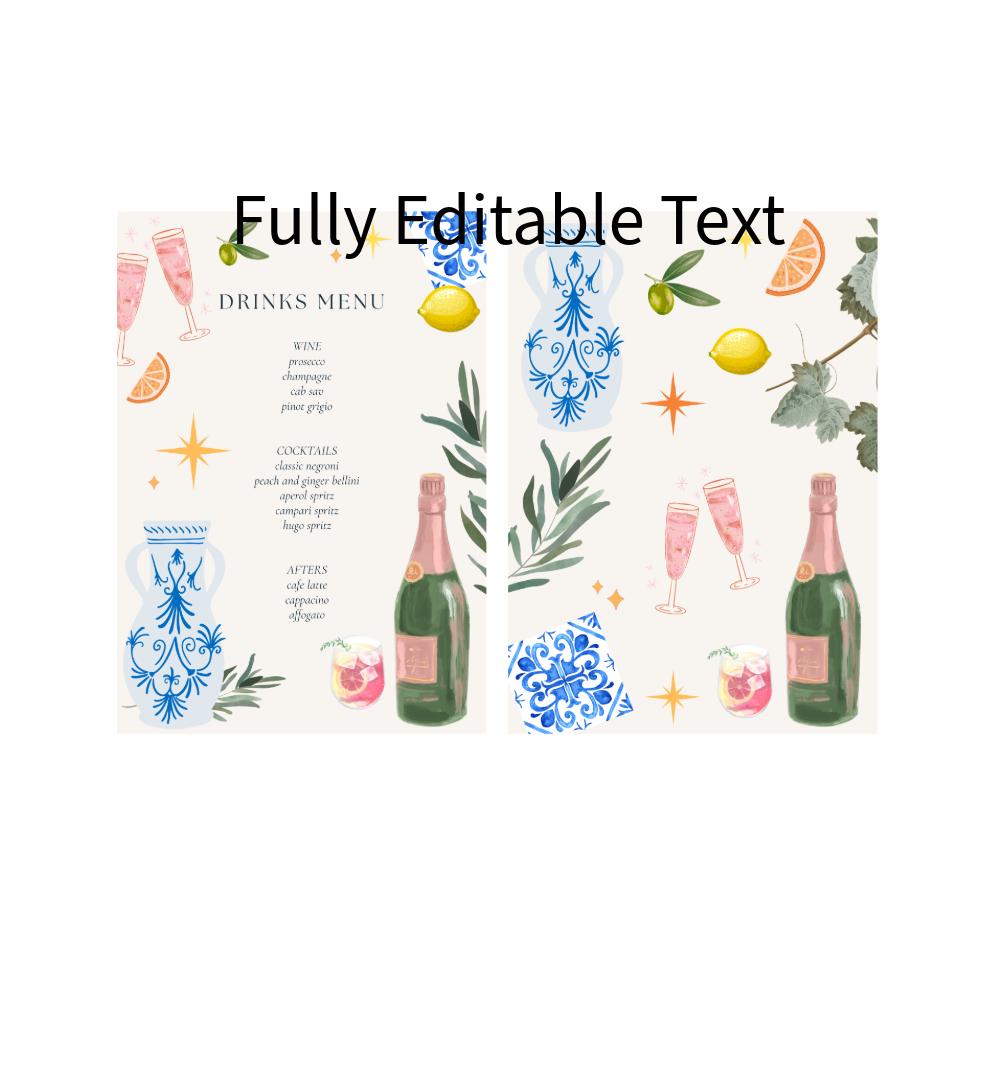 Amalfi Coast Drinks Menu Template, Italian Wedding, Editable (digital ...