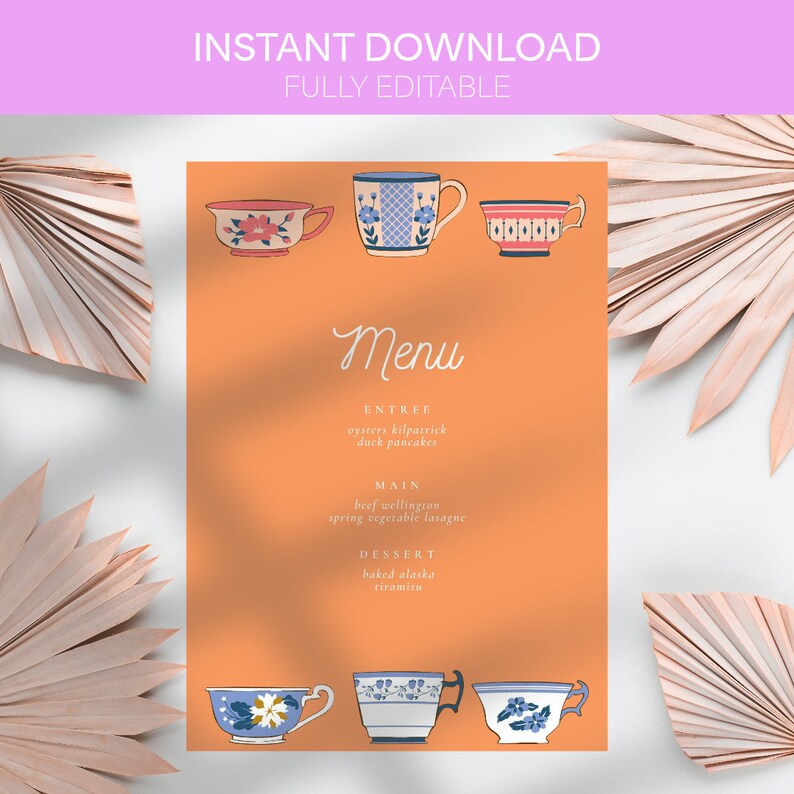 Tea Cups Menu template Digital Download Instant Download Afternoon Tea ...