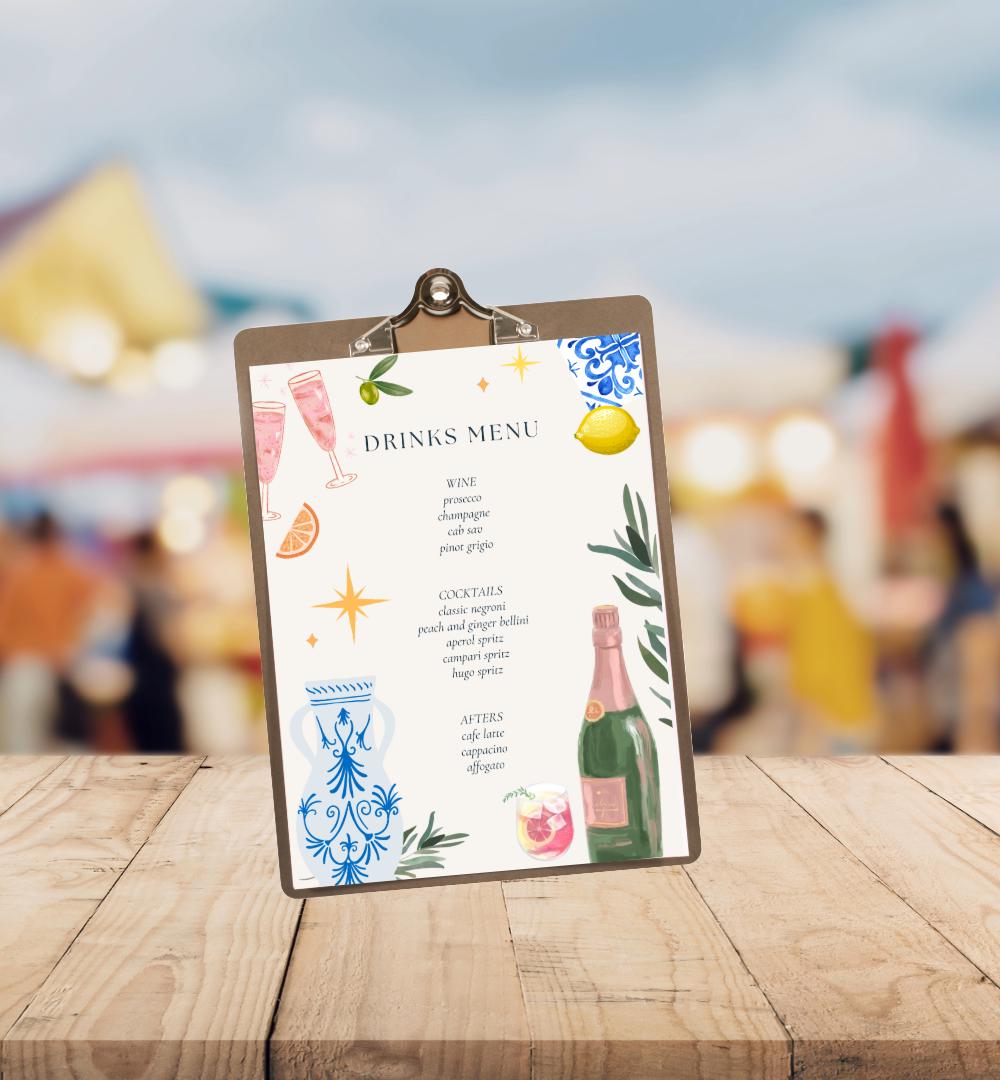 Amalfi Coast Drinks Menu Template, Italian Wedding, Editable (digital ...