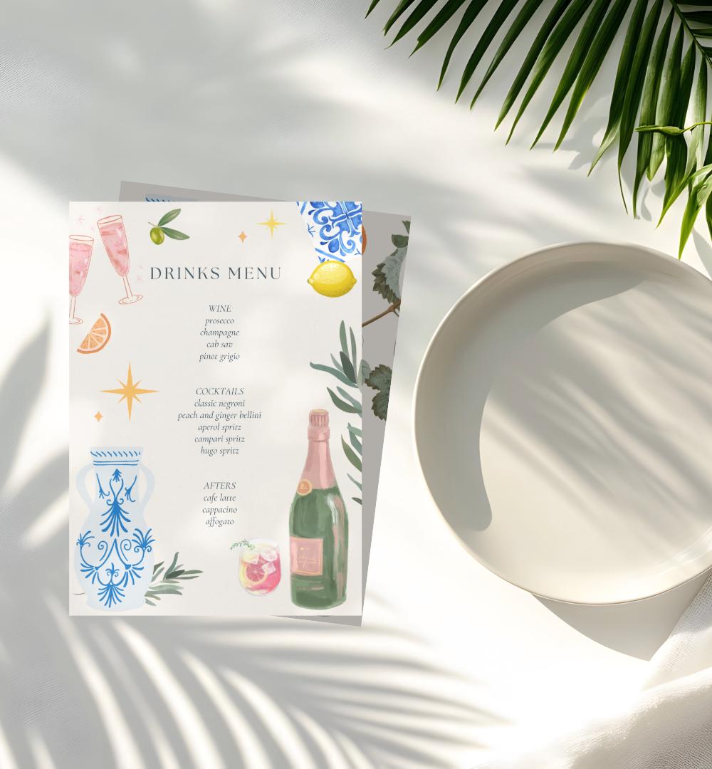 Amalfi Coast Drinks Menu Template, Italian Wedding, Editable (digital ...