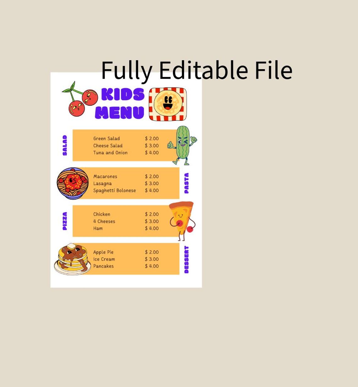 Kids Fun Menu Template, Dinner Party Cafe (digital Download) - Etsy