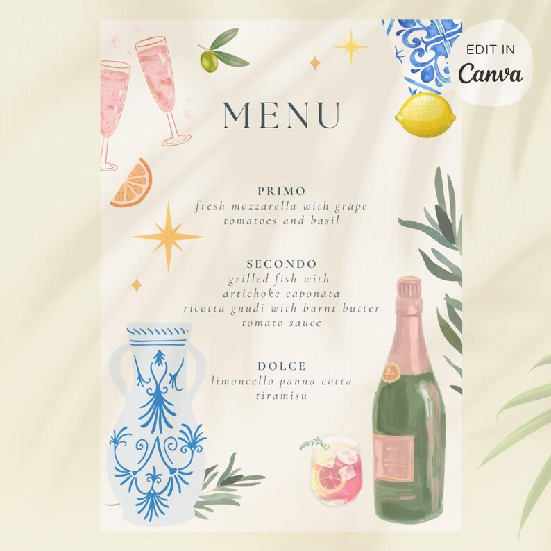Amalfi Coast Menu Template, Italian Dinner Party (digital Download) - Etsy