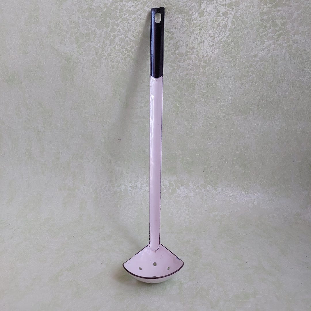 Vintage Enamel Olive Spoon, Long Handle, White With Black Enamel ...