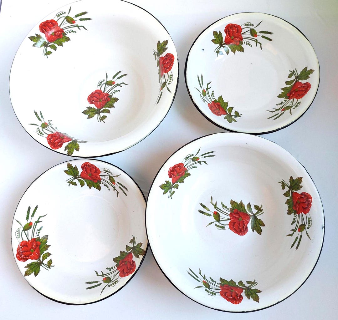 Vintage Soviet Enamelware Bowls Set – Red Poppy Decor, Ukrainian ...