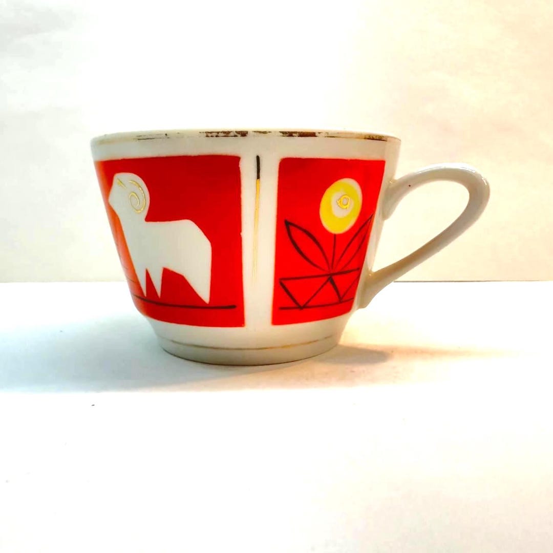 Soviet Porcelain Tea Cup Red White Ram Motif Gold Rim Ukrainian Polonne ...
