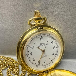 1990s Goldtone Quartz Pocket Watch With Chain, ESSO Super Tiger ...