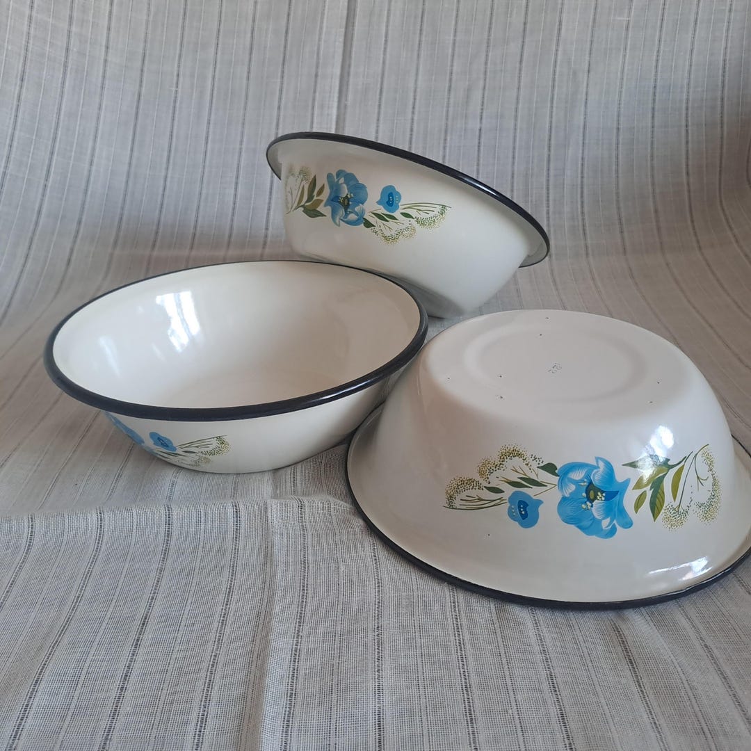 Enamel White Bowls With Flowers Pattern, Soviet Enamel Kitchenware ...