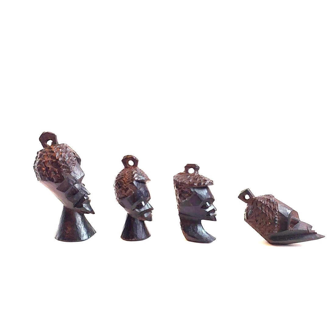 Vintage Hand-carved Imbila Wood Head Pendants, Set of 4 African Tribal ...