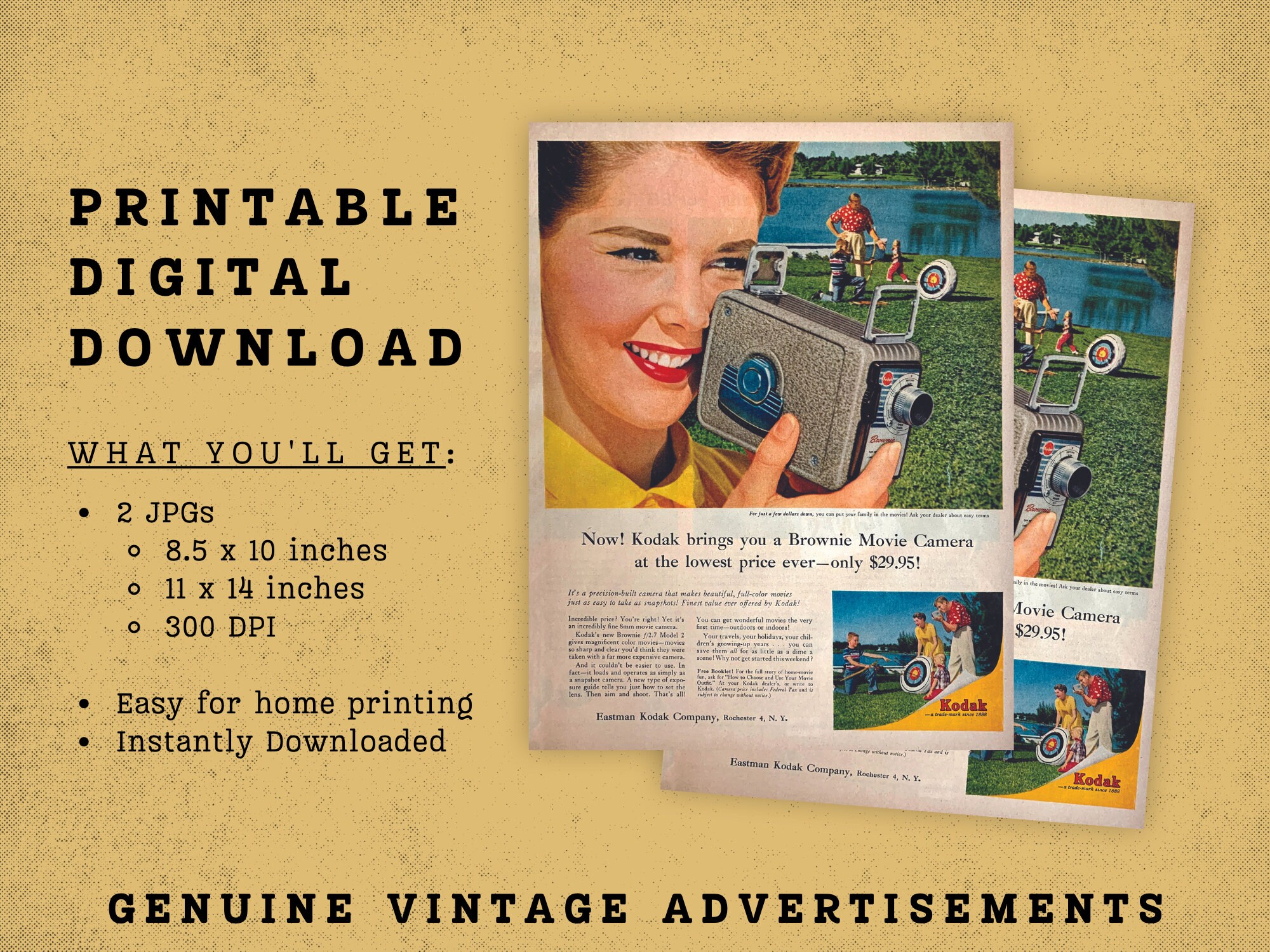 Kodak Printable Vintage Ad, Digital Download, Retro Movie Camera Decor ...