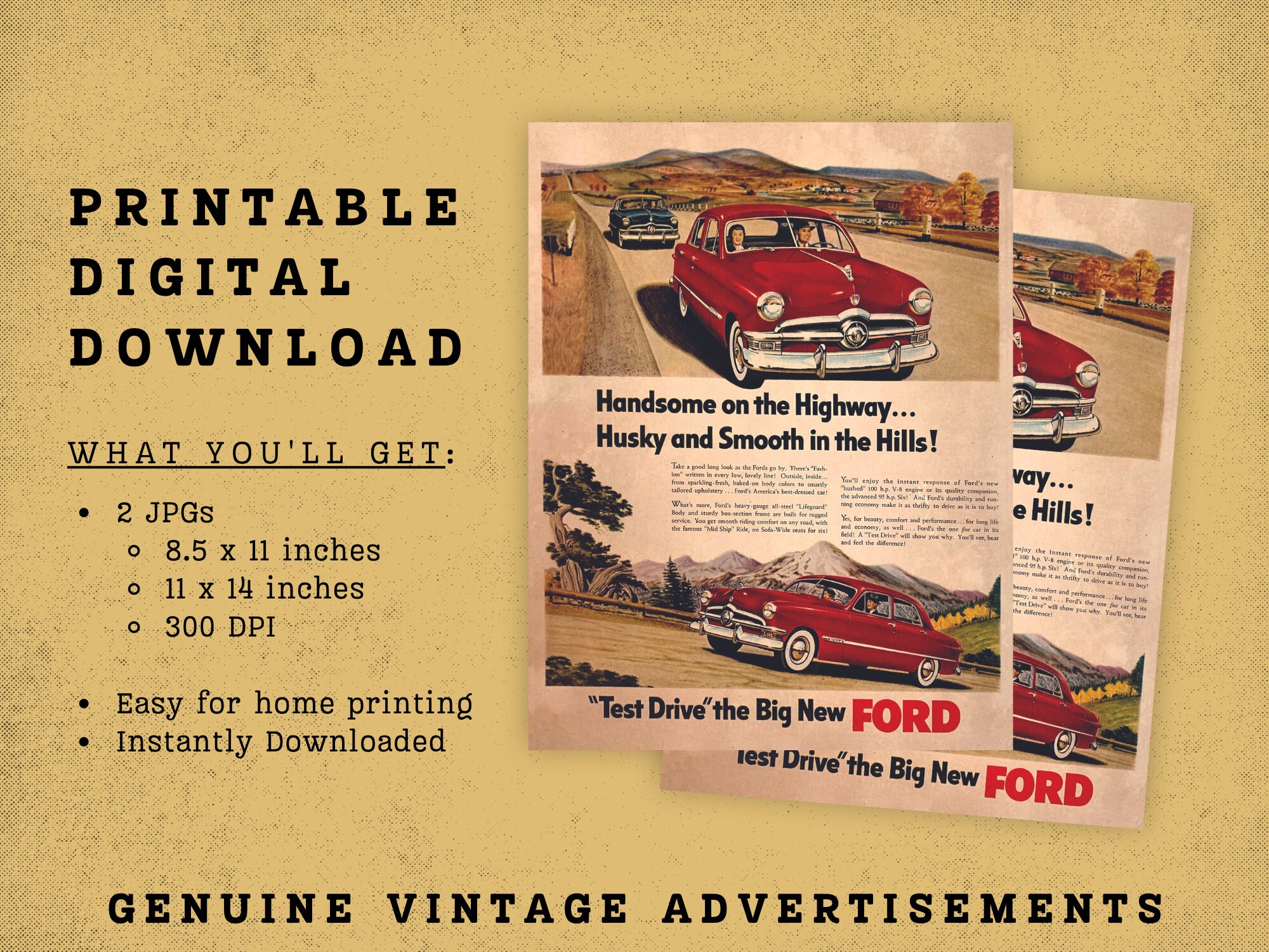Printable Ford Car Vintage Ad, Retro Digital Download Wall Art, Luxury ...