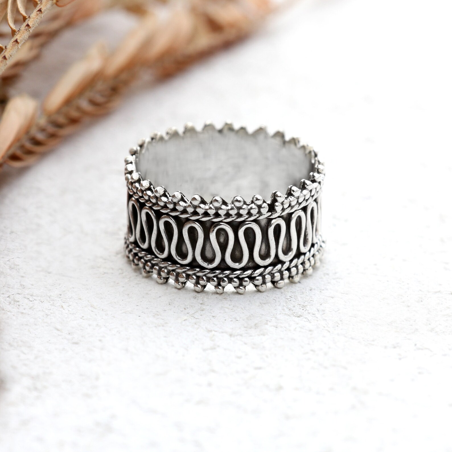 Silver Band Ring Wide Silver Band Ring With Precise | Etsy