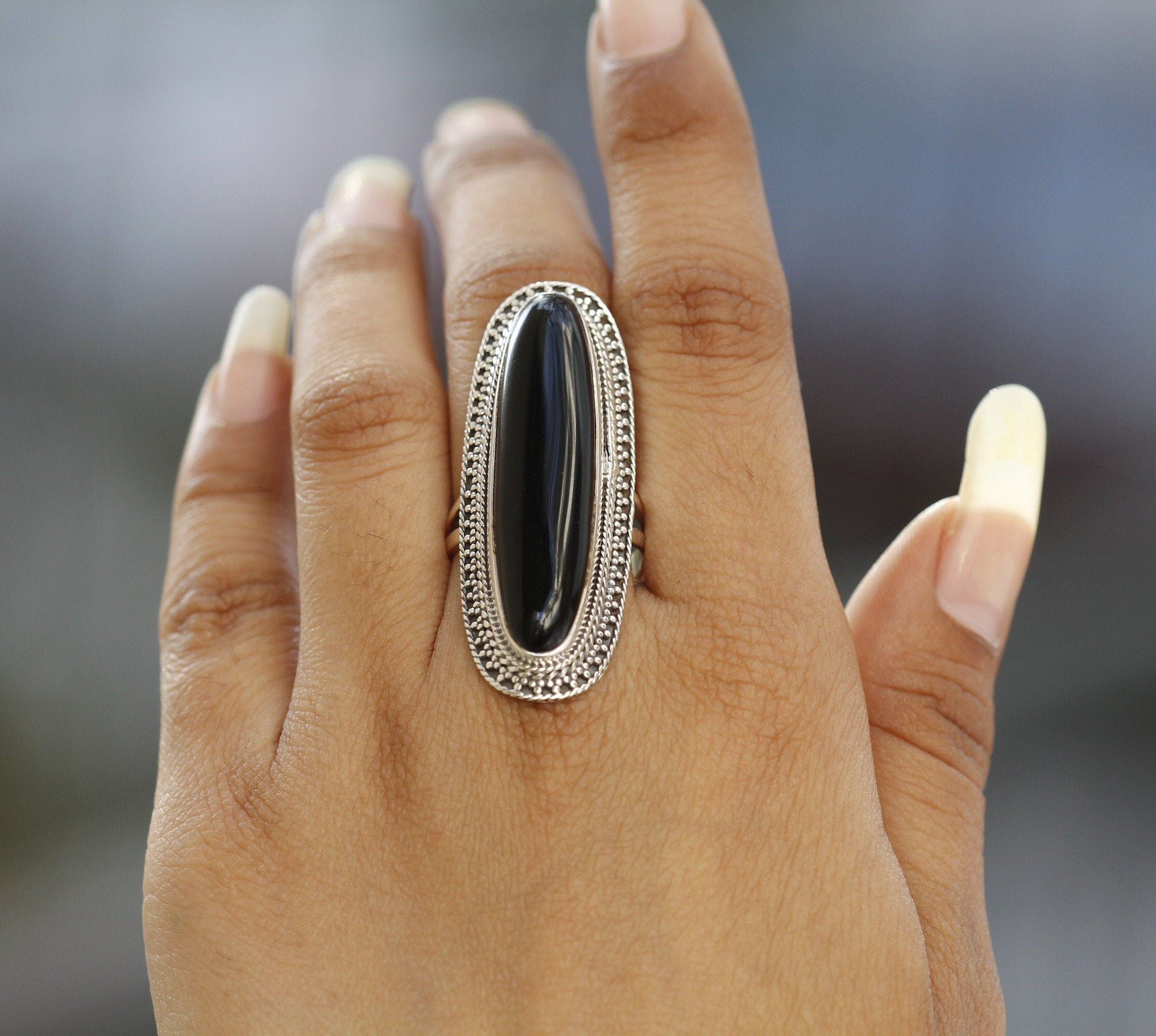 Black Onyx Ring Silver Onyx Ring Long Ring Full Finger | Etsy