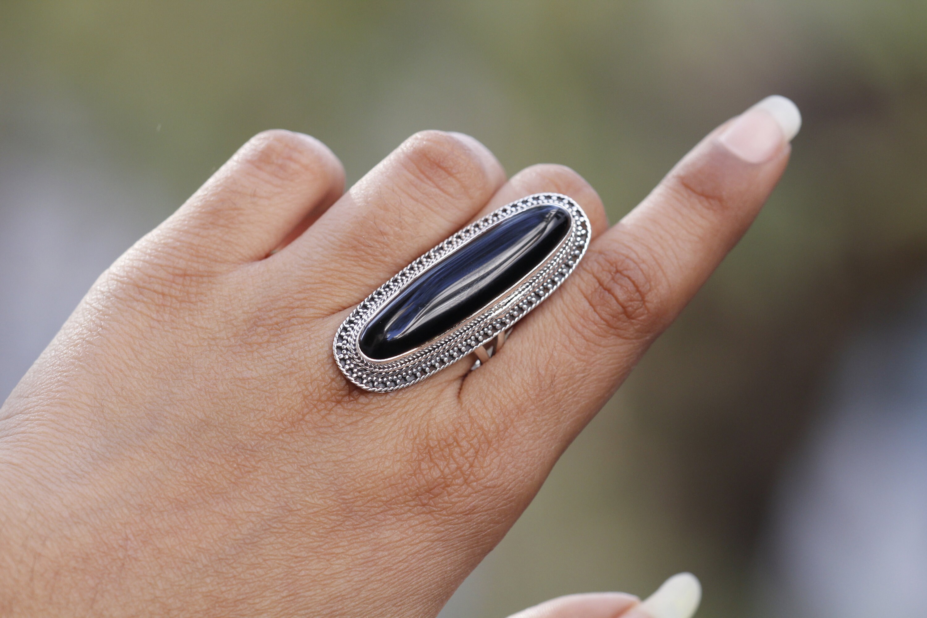 Black Onyx Ring Silver Onyx Ring Long Ring Full Finger | Etsy