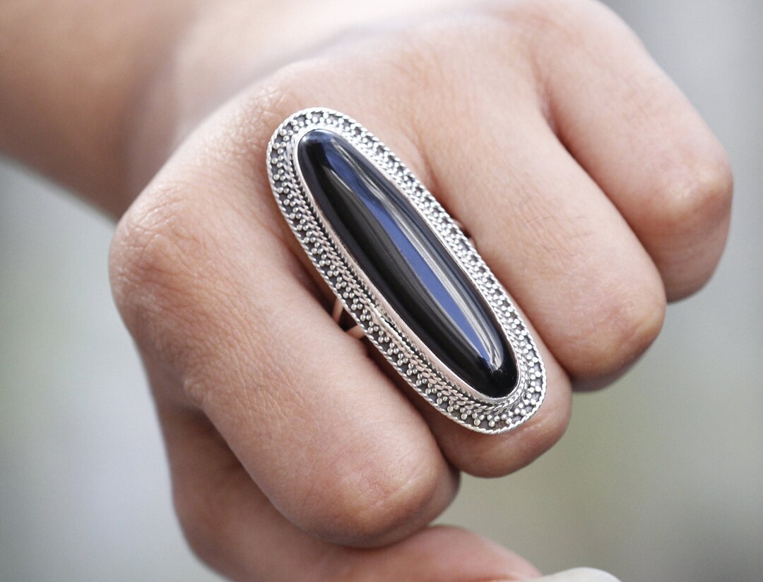 Black Onyx Ring Silver Onyx Ring Long Ring Full Finger - Etsy