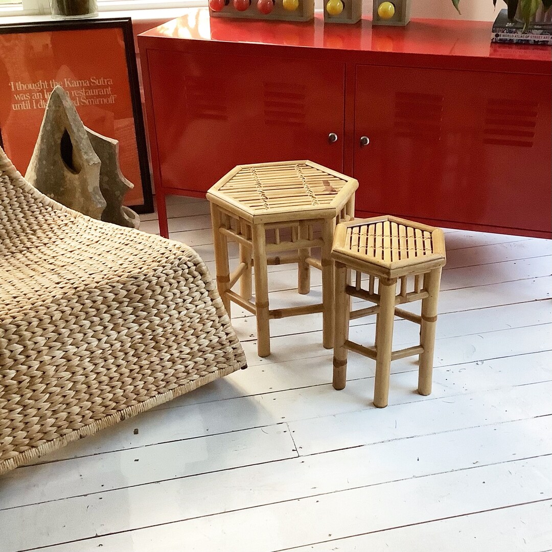 MCM Pair of Bamboo Wicker Stacking Tables / Stands - Etsy