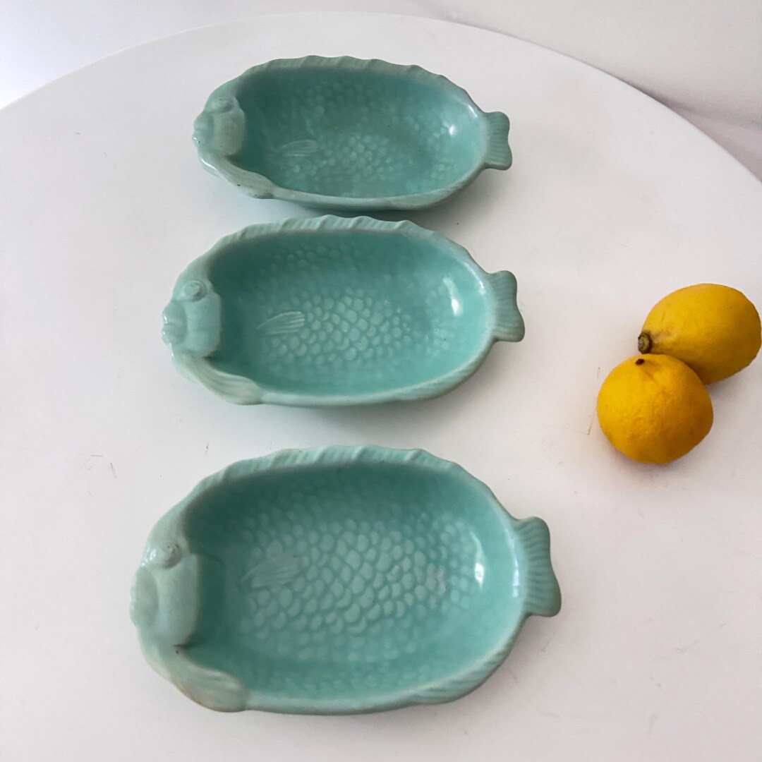 Vintage Shorter Pottery Fish Dishes Art Deco Green Blue 3 - Etsy