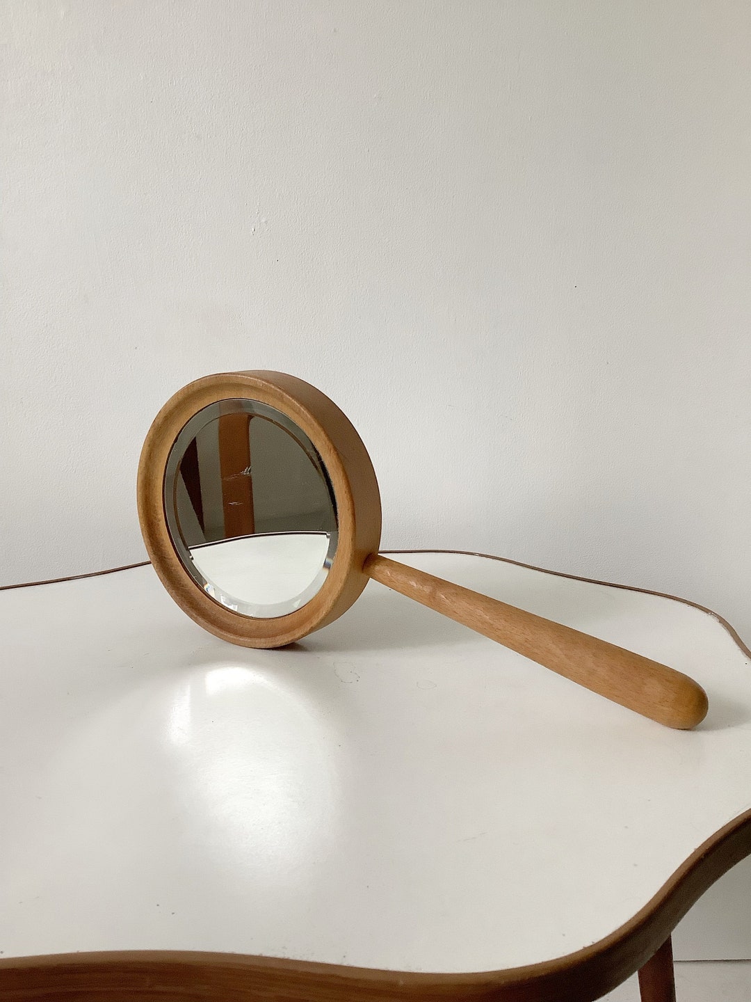 MCM Wooden Mirror Oak Round Hand Held, Scratch Made - Etsy