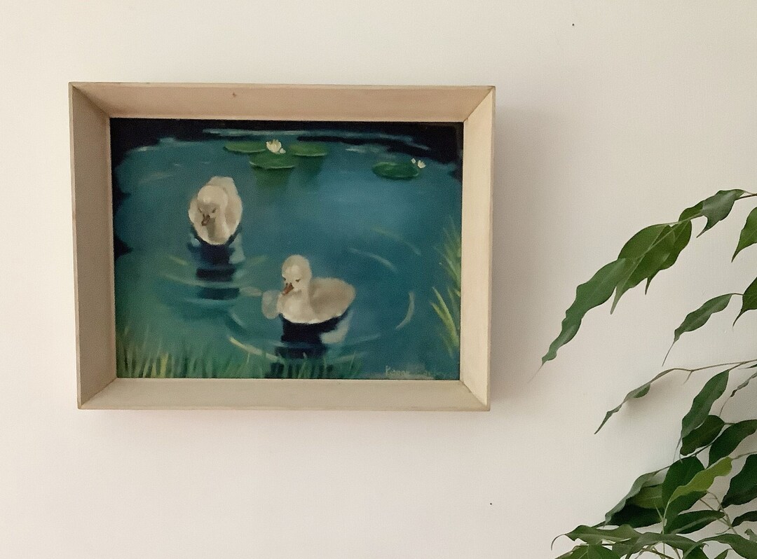 1950s Original Oil Painting, Signet Swans Kitsch, Signed and Framed by ...