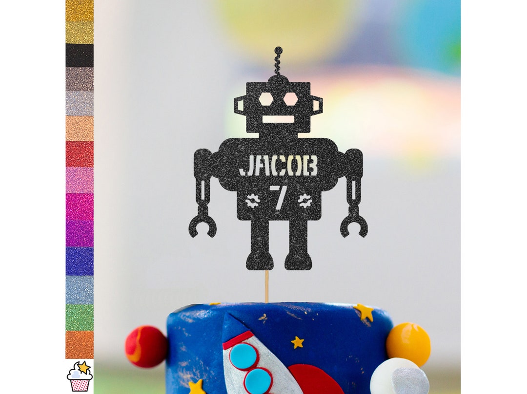 Cakeshop Personalised Robot Birthday Glitter Cake Topper With Sprinkles ...