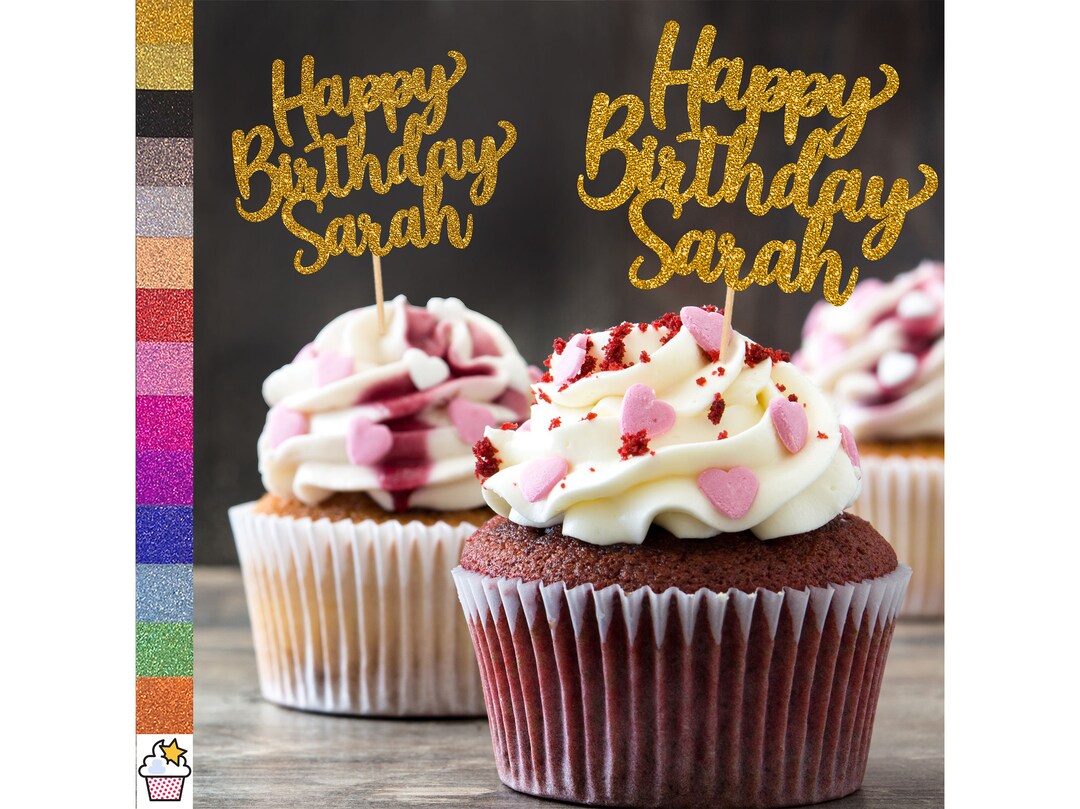 6x Personalised, Double Sided, Handmade Happy Birthday Glitter Cupcake ...