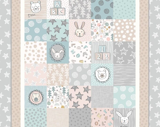 Bella Bunny and Bear Cot Quilt Panel Blue Grey by Lewis & Irene 100% ...