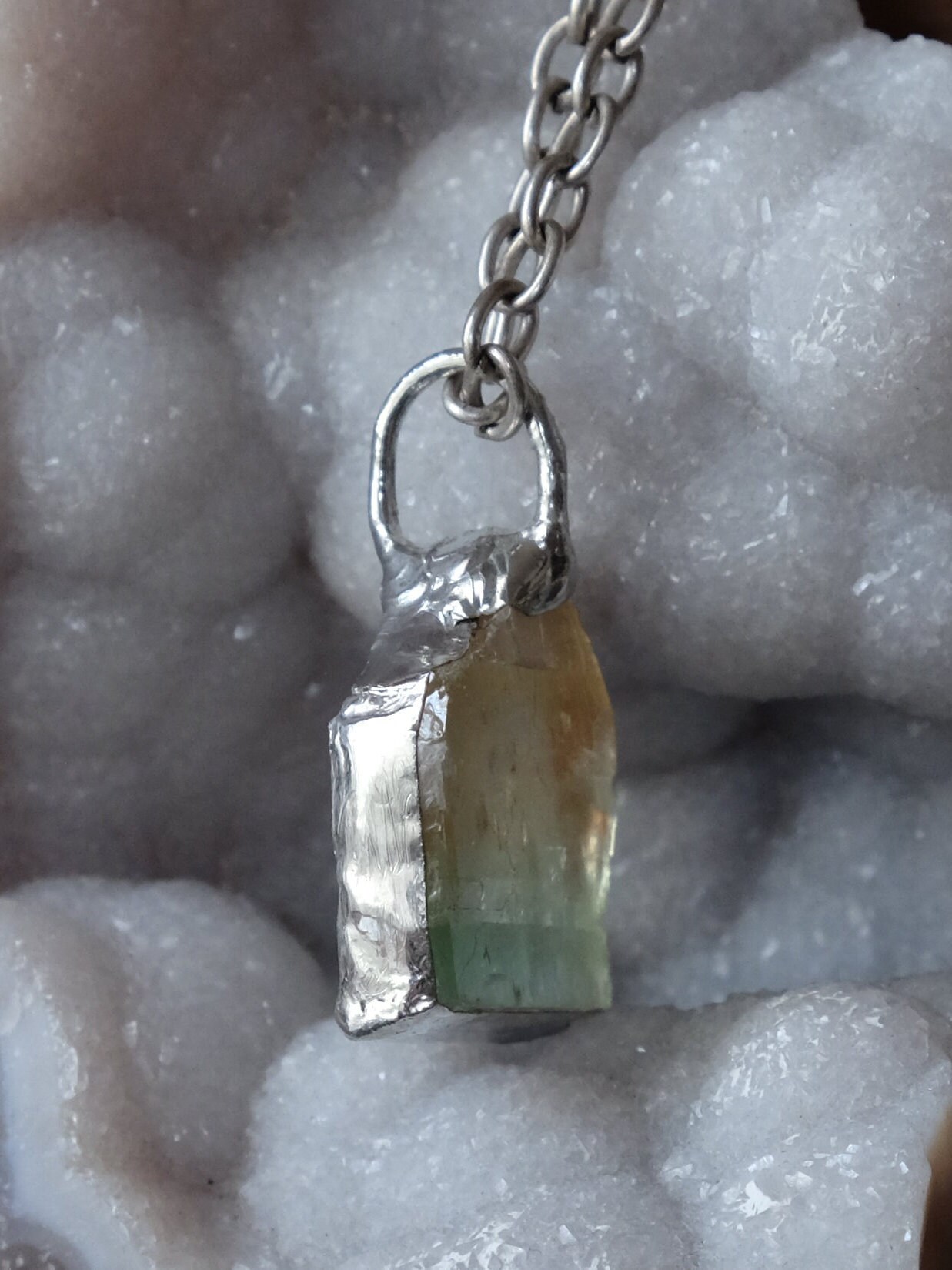 Emerald Green and Yellow Gradient Calcite Pendant Necklace. Soldered ...