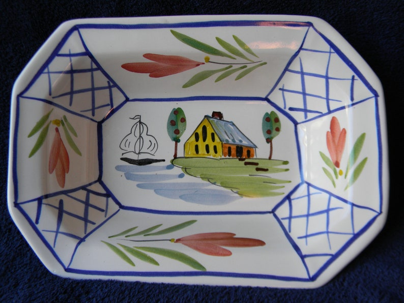 Bruce Stebner Hand Painted Folk Art Pottery 8-sided Rectangular Serving ...