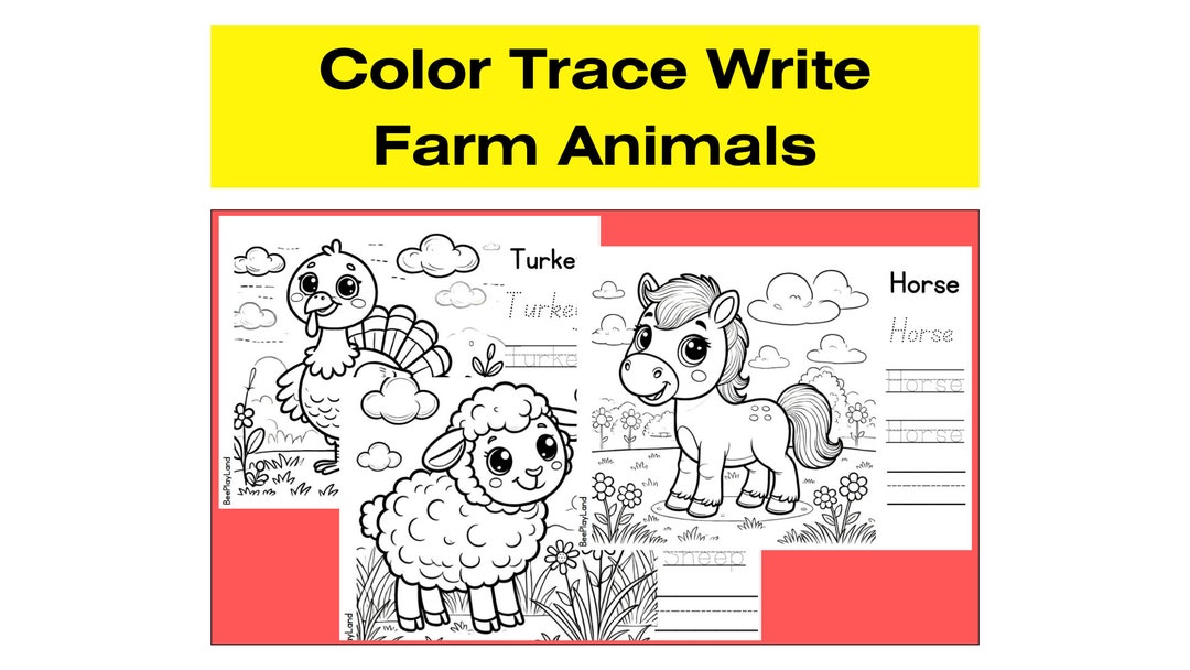 Farm Animal Coloring Pages: Trace & Write - Kindergarten, Preschool ...
