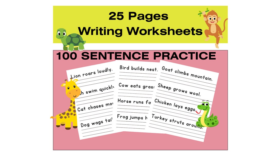 100 Sentence Animals Writing Practice Worksheets, Printable Writing ...
