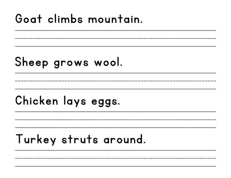 100 Sentence Animals Writing Practice Worksheets, Printable Writing ...