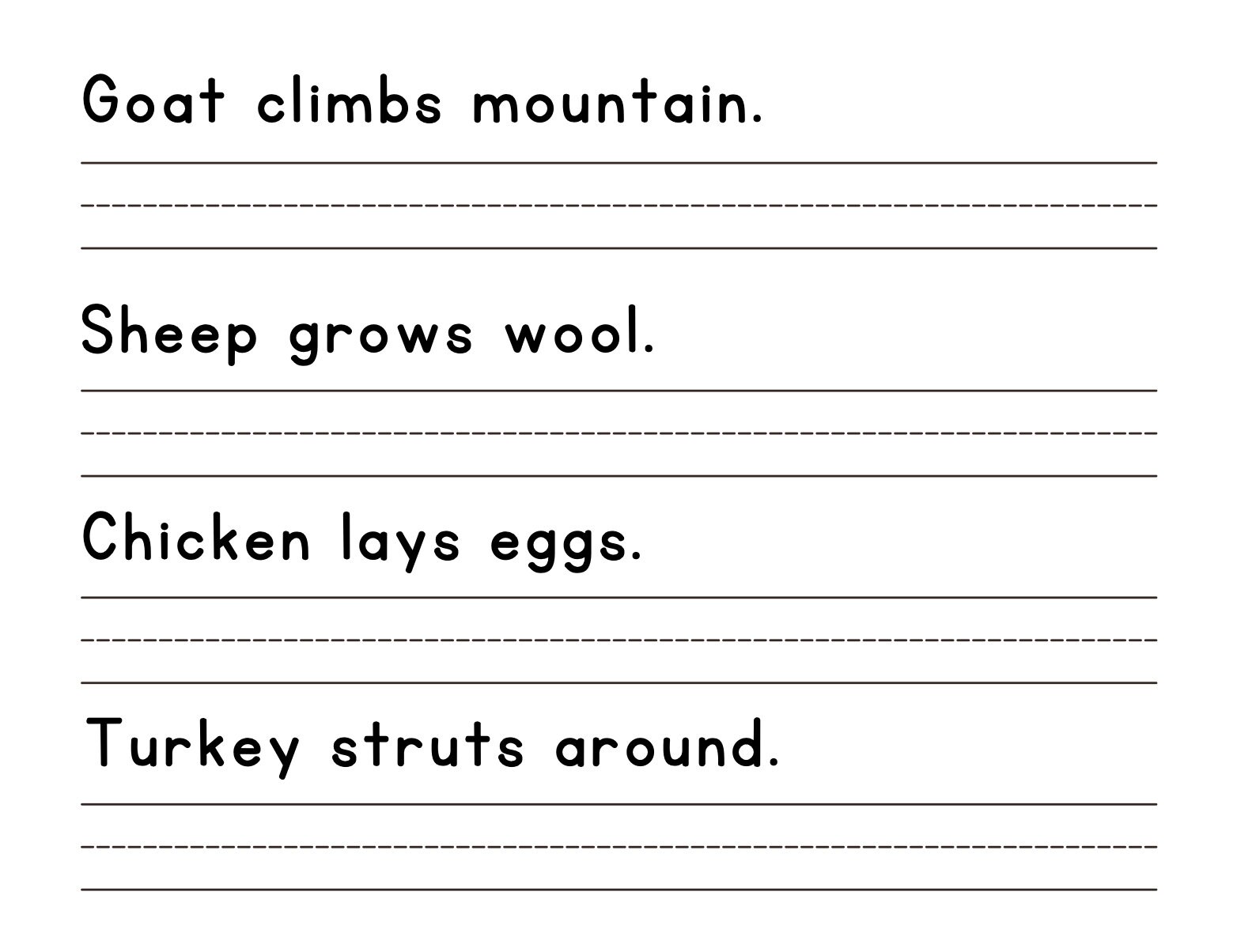 100 Sentence Animals Writing Practice Worksheets, Printable Writing ...