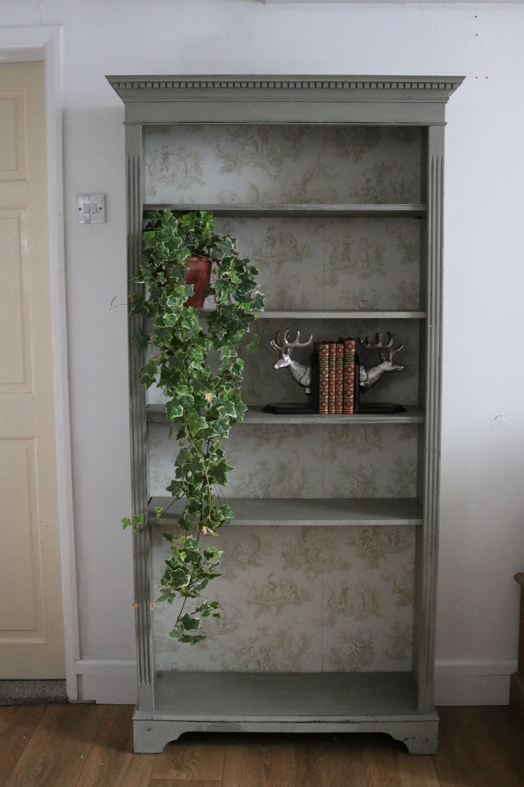 Traditional Style Sage Green Bookcase With Toile Wallpaper Backing - Etsy