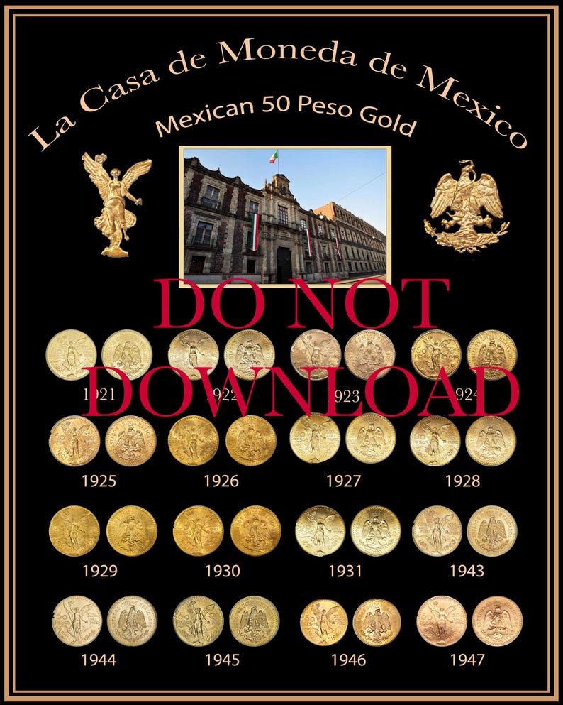 Mexican 50 Gold Peso Coin Complete Set Design on a Poster 16" X 20" Set ...