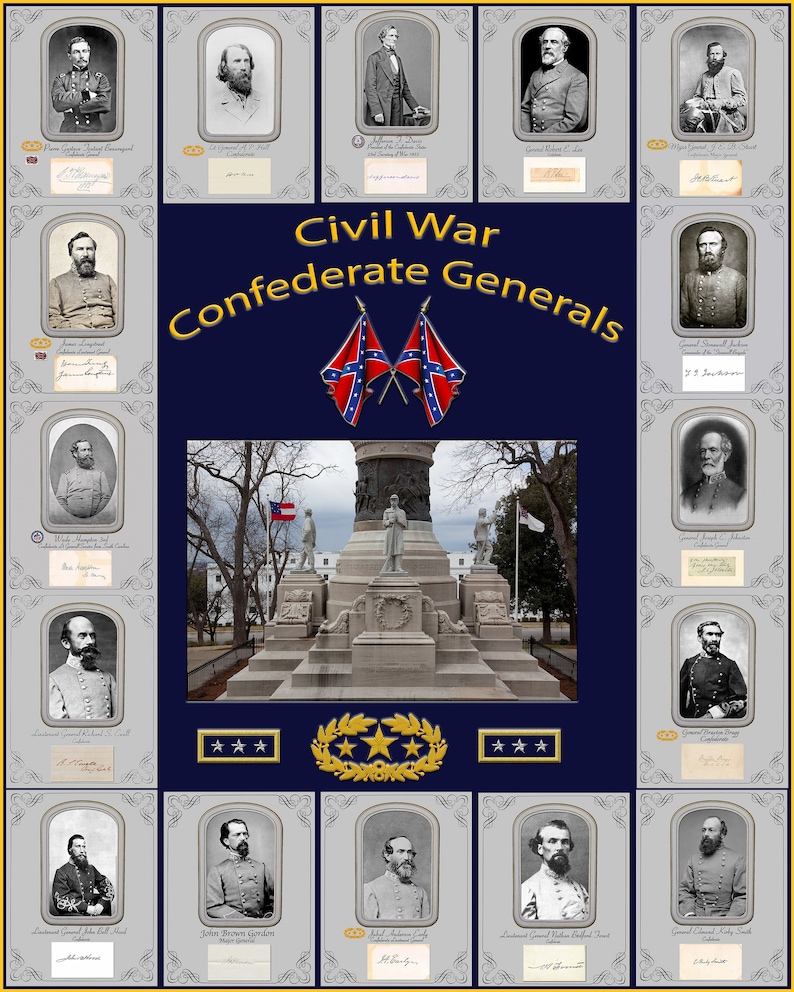 Confederate Civil War Generals, Monument & Insignias on 16" X 20" Photo ...