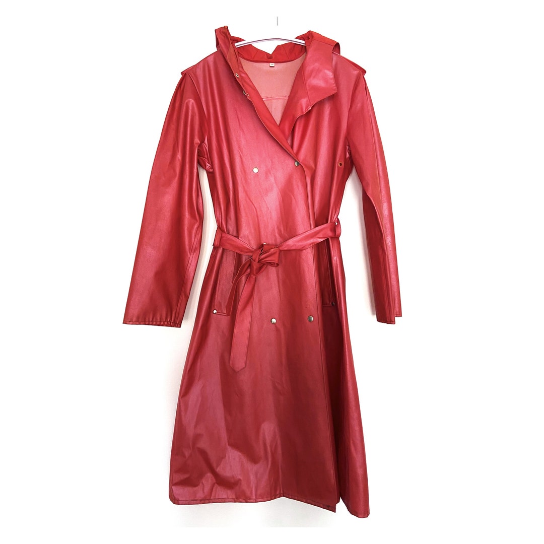 70s Vintage Red PVC Hooded Mac. Belted Rubberised Raincoat. Fetish ...