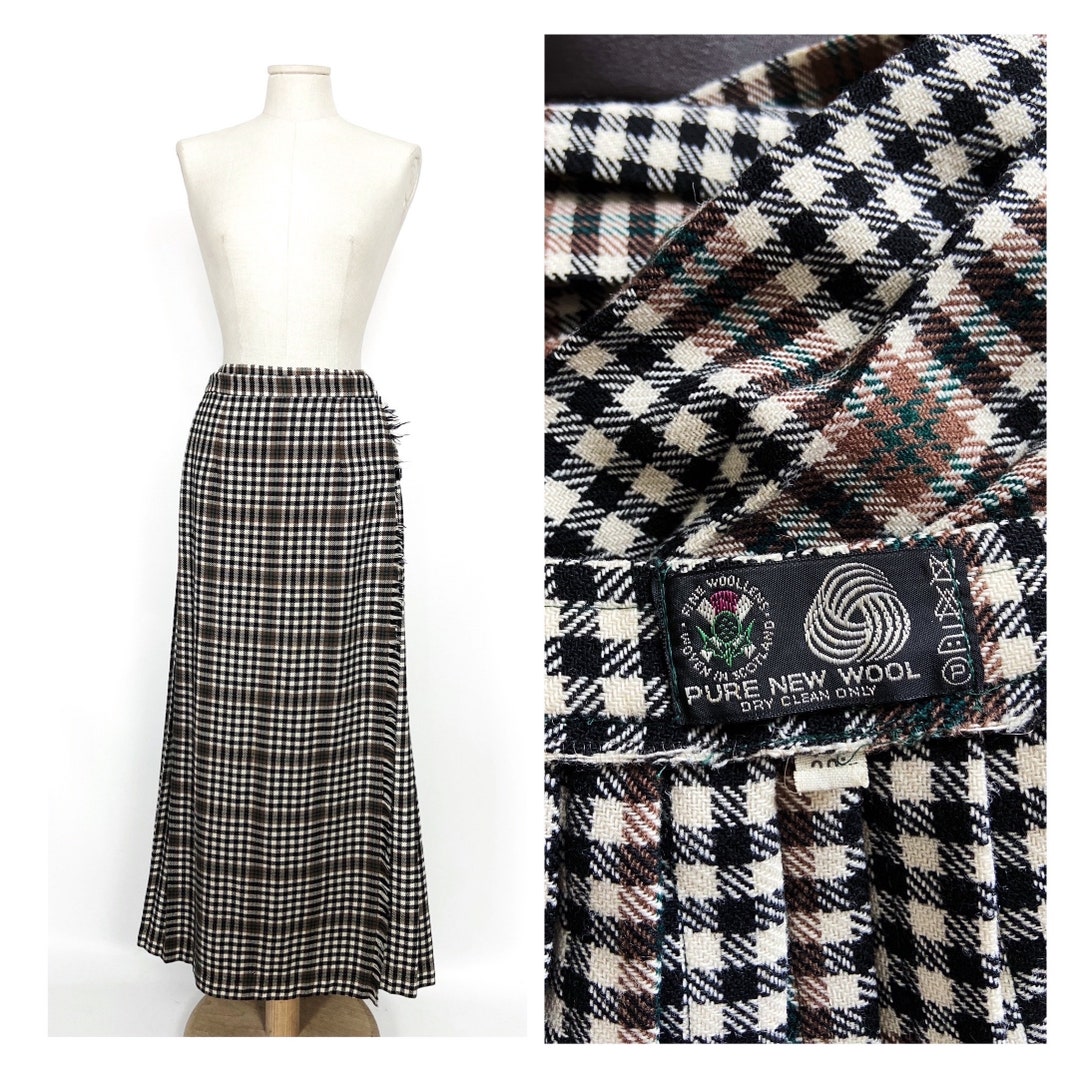 70s Vintage Long Plaid Kilt. Black and White Tartan Pure Wool Maxi ...