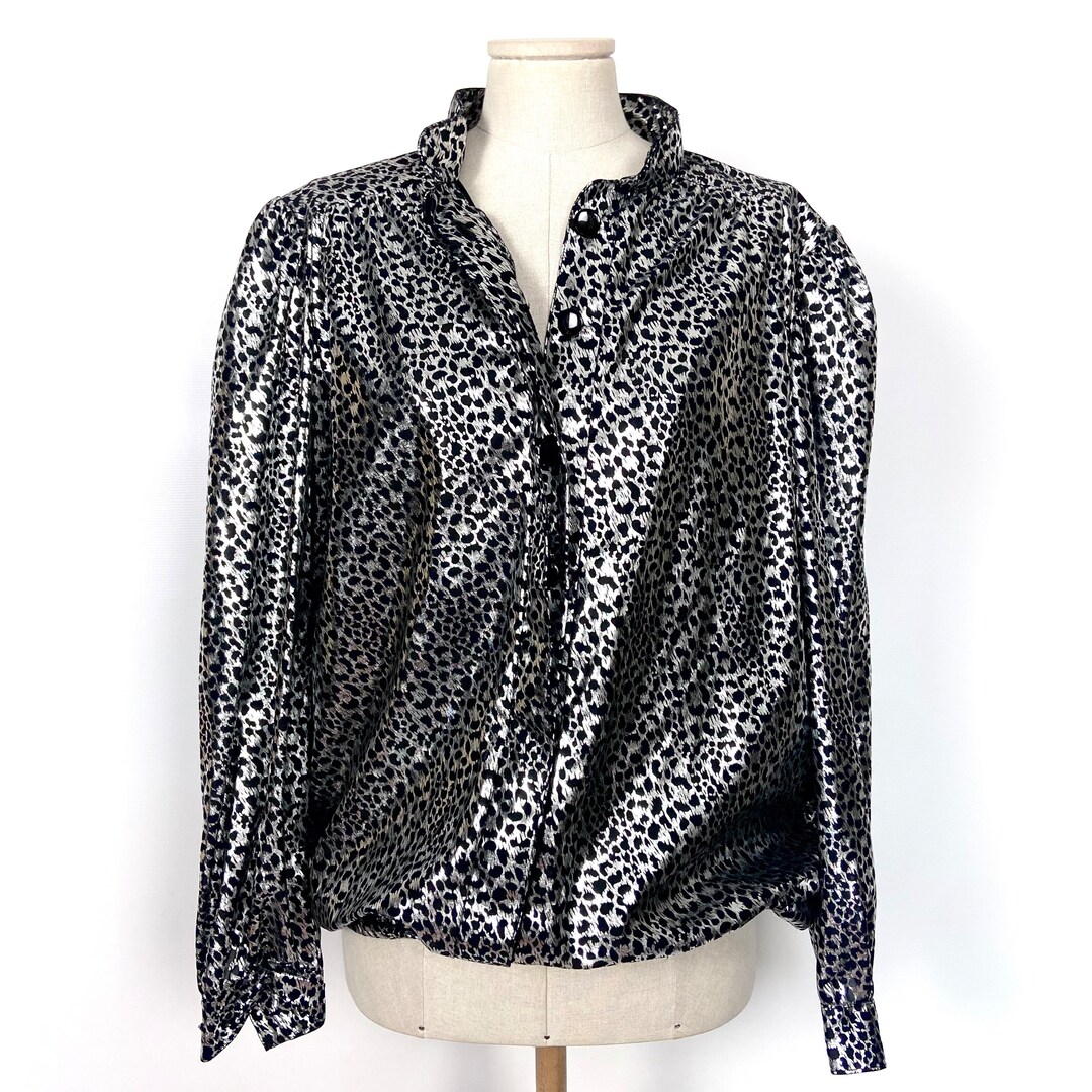80s Metallic Blouse: Silver Black Spotty Party Top (L) - Etsy