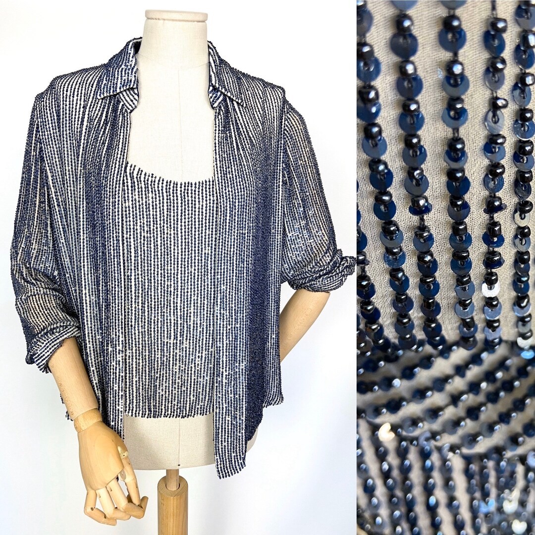 90s Vintage Embellished Open Front Shirt and Cami Top. Y2K Sparkly ...