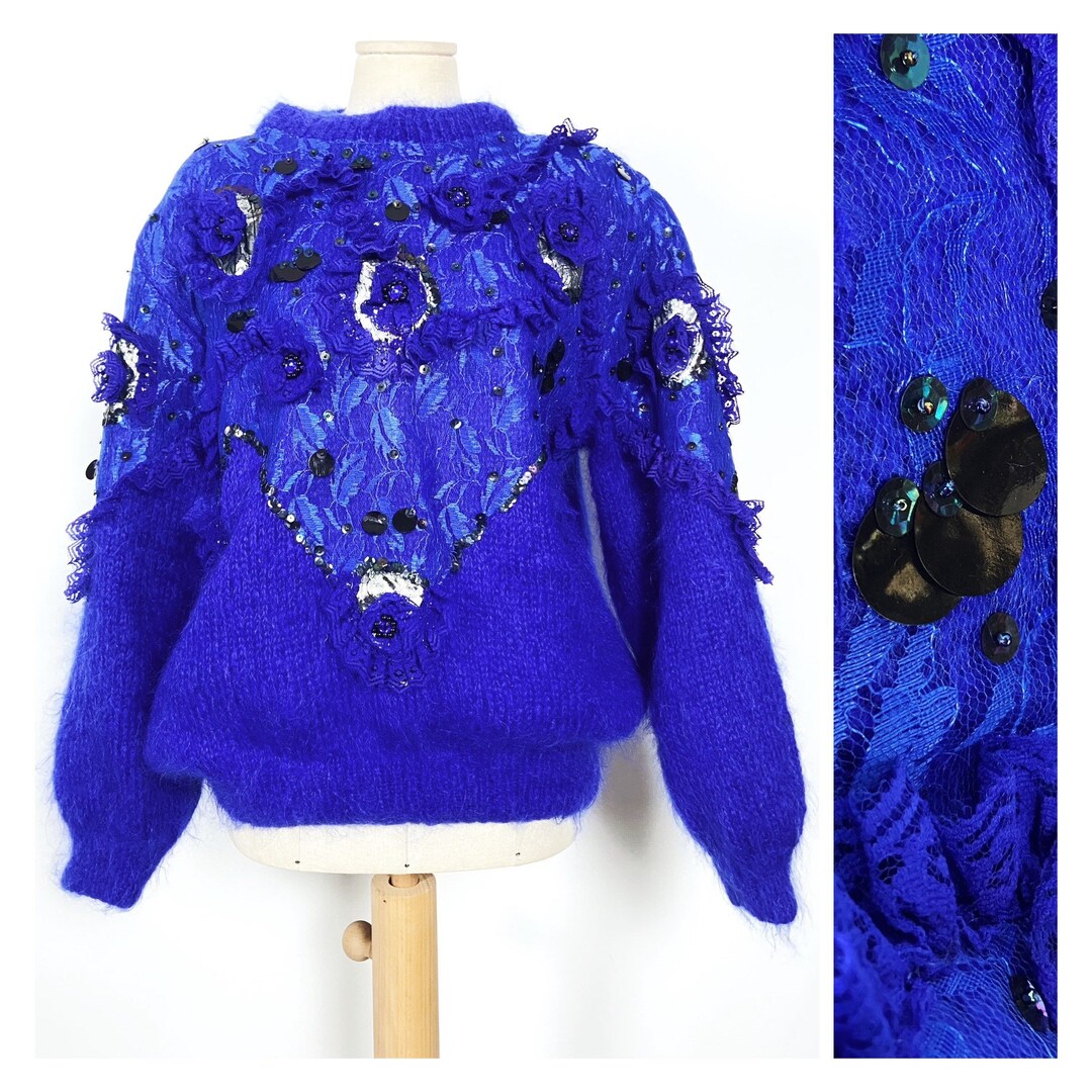 80s Indigo Blue Mohair Blend Jumper With Lace Appliqué. Blue Pullover ...