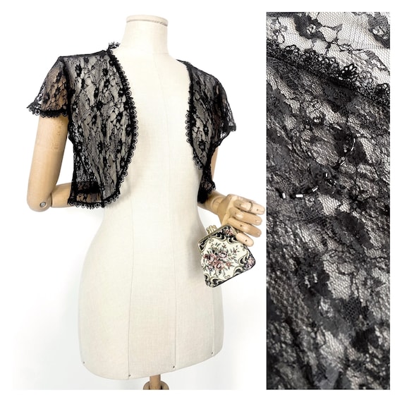50s vintage black nylon lace shrug. Black lace bolero… - Gem