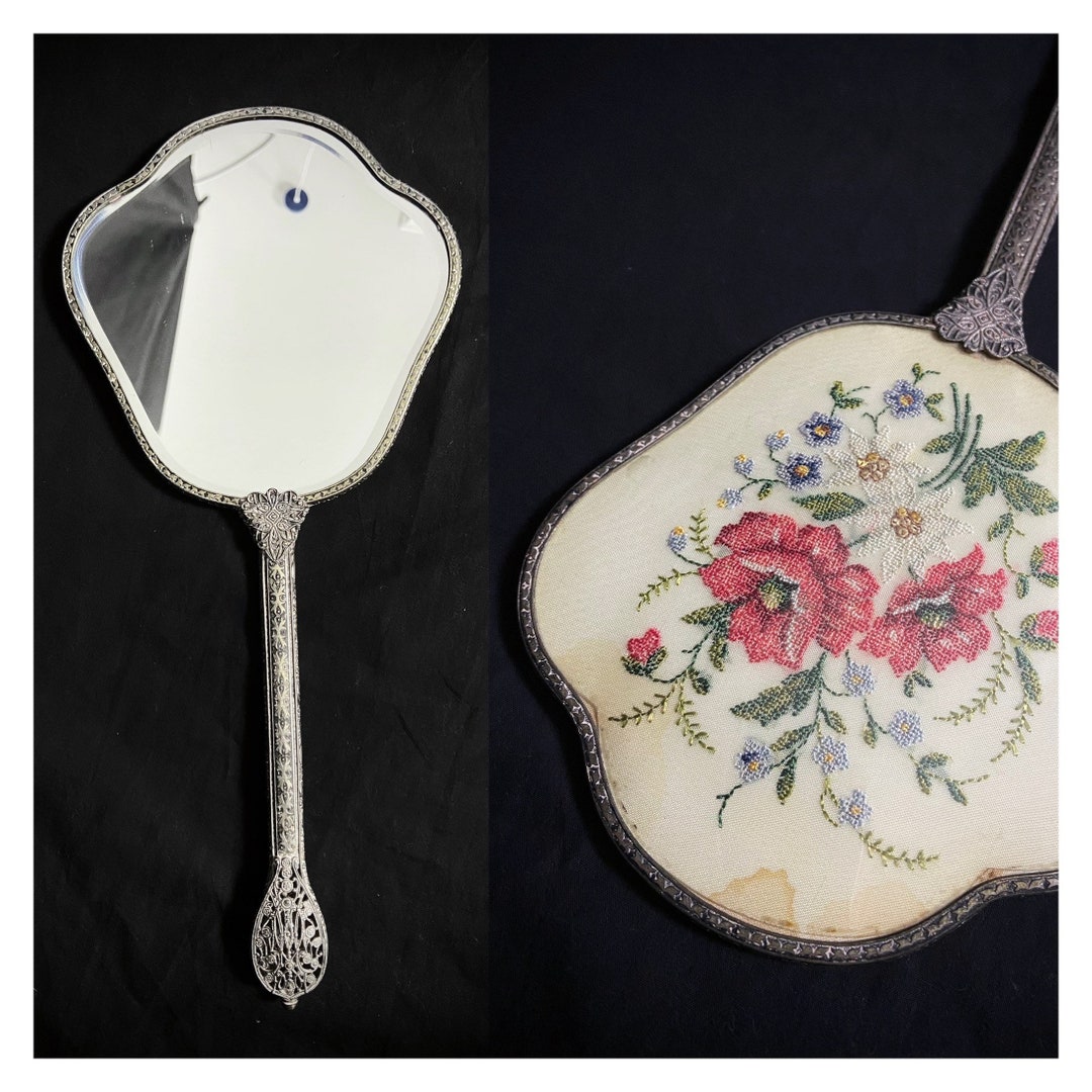 Vintage Embroidered Filigree Hand Mirror Antique Dressing Table Hair ...