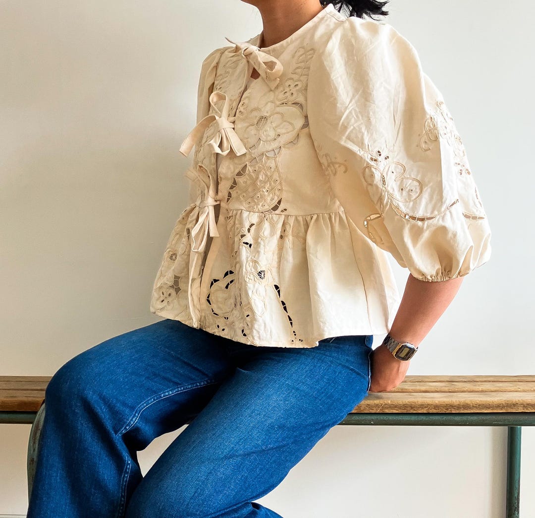 UK 8-10 Upcycled Light Beige Lac Blouse With Peplum, Upcycled Blouse ...
